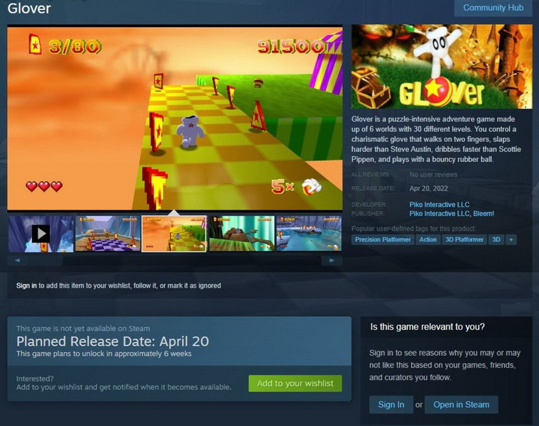 Tựa game Glover huyền thoại trên Nintendo 64 chuẩn bị có mặt trên Steam